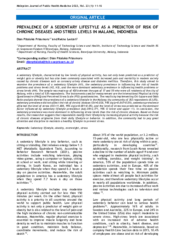 Pdf Prevalence Of A Sedentary Lifestyle As A Predictor Of Risk Of