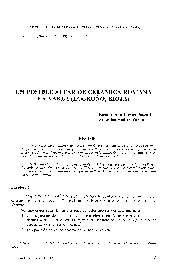 (PDF) Un posible alfar de cerámica romana en Varea (Logroño, Rioja)