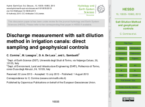 (PDF) Discharge measurement with salt dilution method in irrigation canals: direct sampling and ...