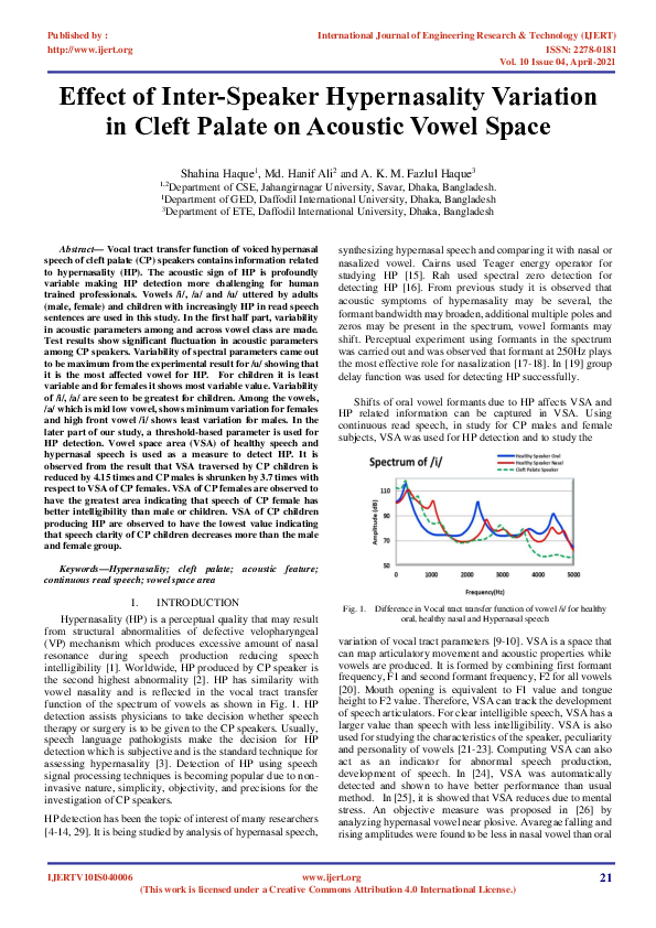 (PDF) Effect of Inter-Speaker Hypernasality Variation in Cleft Palate on Acoustic Vowel Space ...