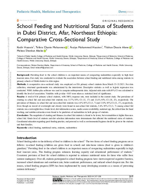 (PDF) School Feeding and Nutritional Status of Students in Dubti District, Afar, Northeast ...