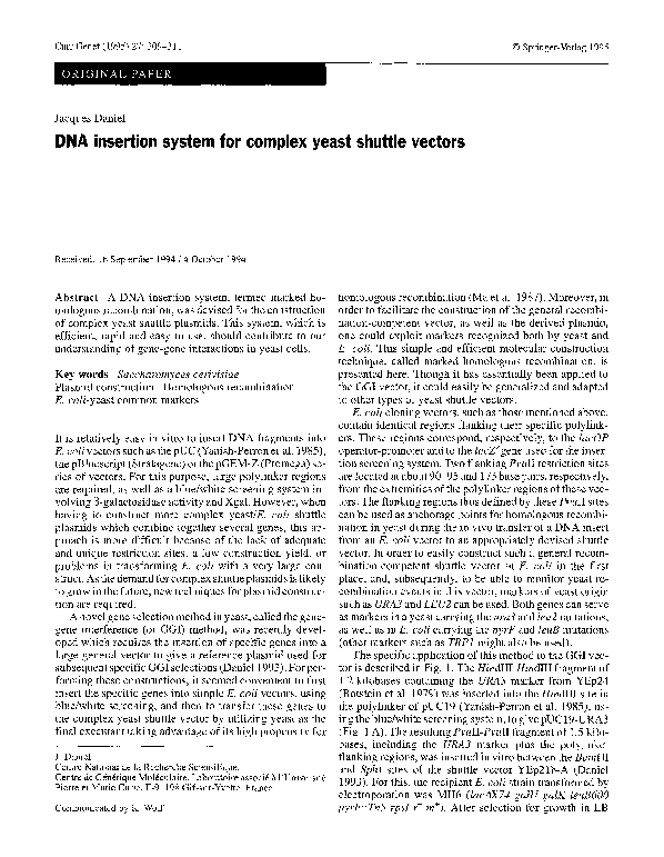 Pdf Dna Insertion System For Complex Yeast Shuttle Vectors