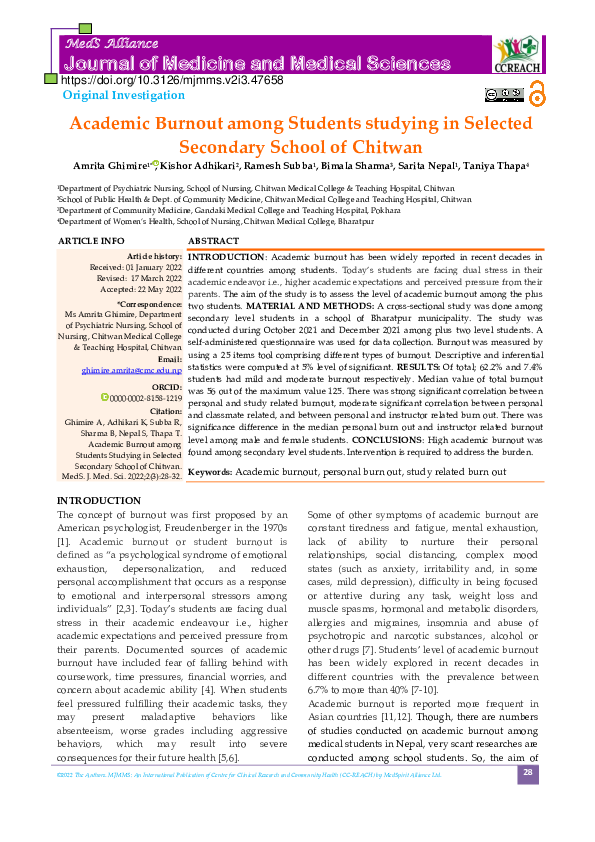(PDF) Academic Burnout among Students studying in Selected Secondary School of Chitwan | Hema ...