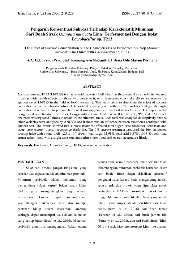 (PDF) Pengaruh Konsentrasi Sukrosa Terhadap Karakteristik Minuman Sari Buah Sirsak (Annona ...