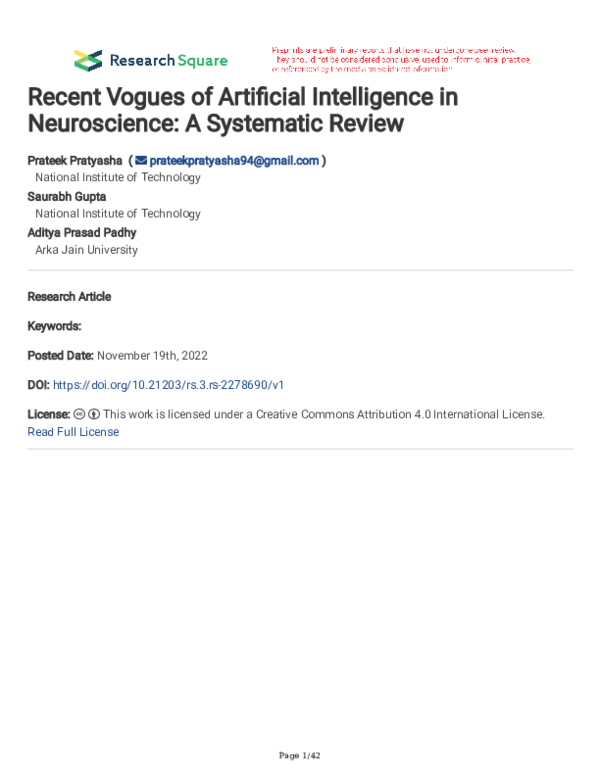 (PDF) Recent Vogues of Artificial Intelligence in Neuroscience: A Systematic Review