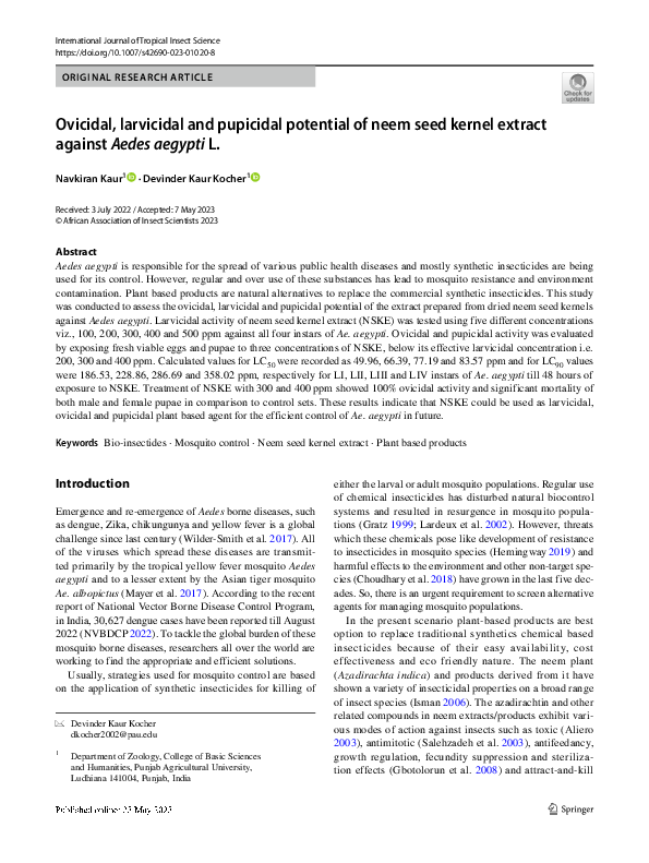 (PDF) Ovicidal, larvicidal and pupicidal potential of neem seed kernel ...