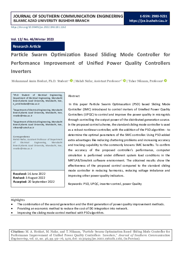 (PDF) Particle Swarm Optimization Based Sliding Mode Controller for Performance Improvement of ...