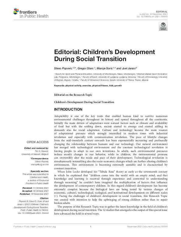 (PDF) Editorial: Children's Development During Social Transition
