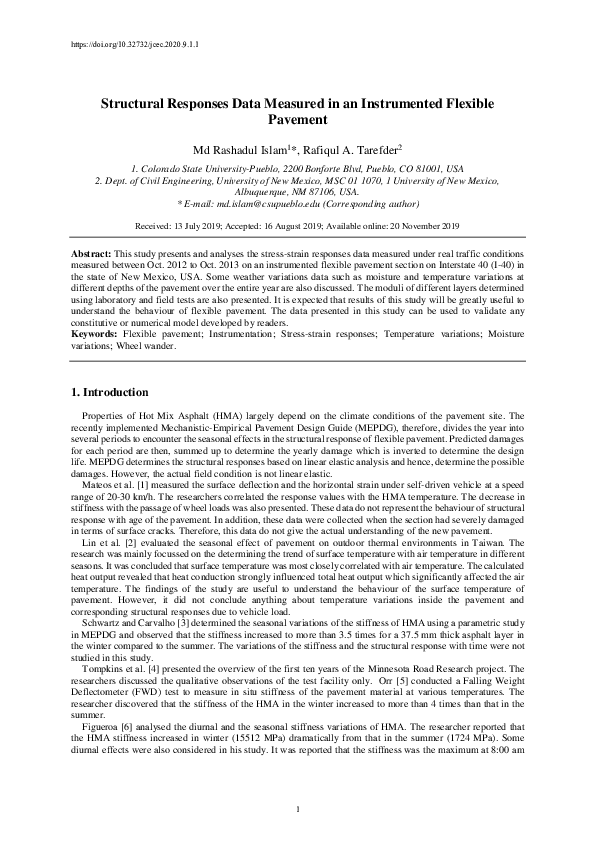Pdf Structural Responses Data Measured In An Instrumented Flexible Pavement