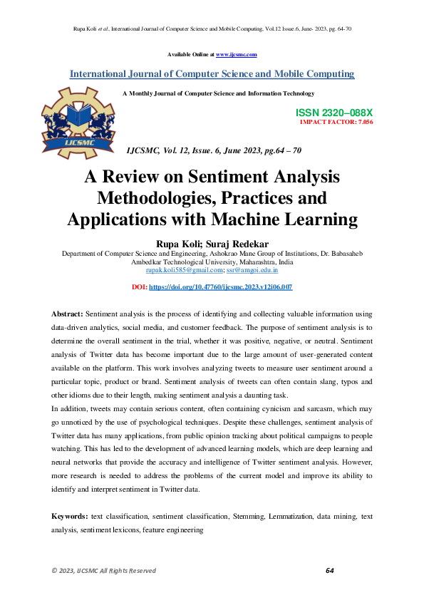 (PDF) A Review on Sentiment Analysis Methodologies, Practices and Applications with Machine Learning