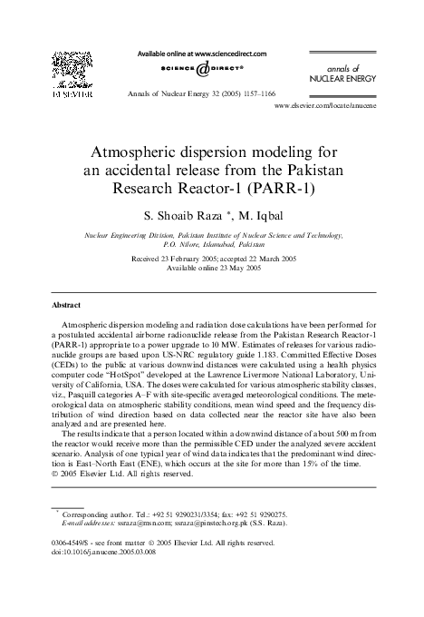 (PDF) Atmospheric dispersion modeling for an accidental release from ...
