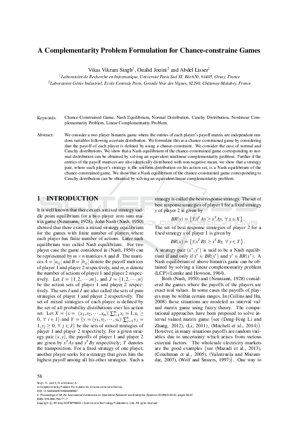 (PDF) A Complementarity Problem Formulation for Chance-constraine Games