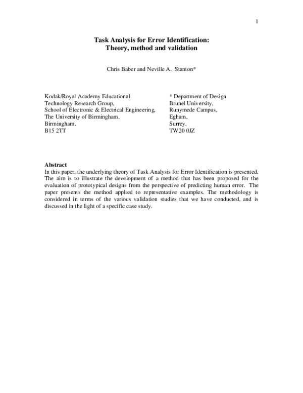 (PDF) Task analysis for error identification: Theory, method and validation