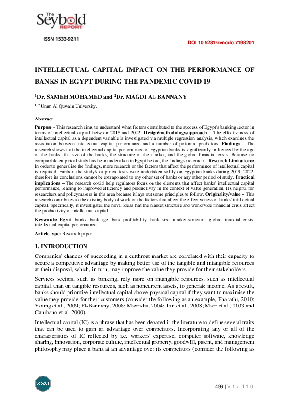 (PDF) Intellectual Capital Impact on the Performance of Banks in Egypt During the Pandemic Covid 19