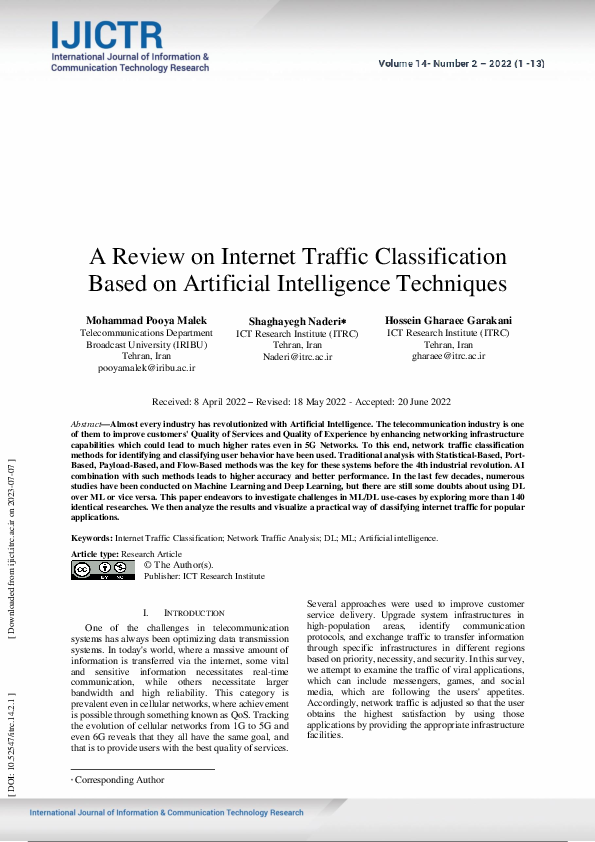 Pdf A Review On Internet Traffic Classification Based On Artificial Intelligence Techniques