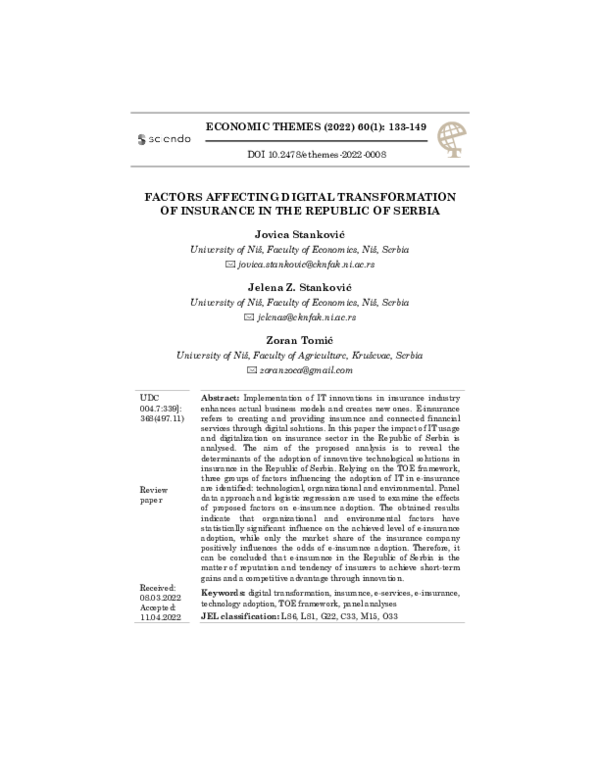 (PDF) Factors Affecting Digital Transformation of Insurance in the Republic of Serbia