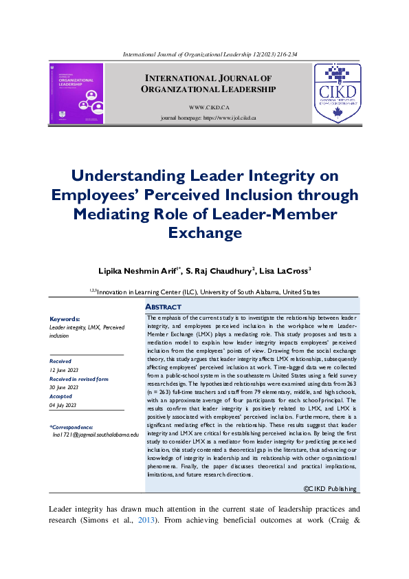 (PDF) Understanding Leader Integrity on Employees' Perceived Inclusion through Mediating Role of ...