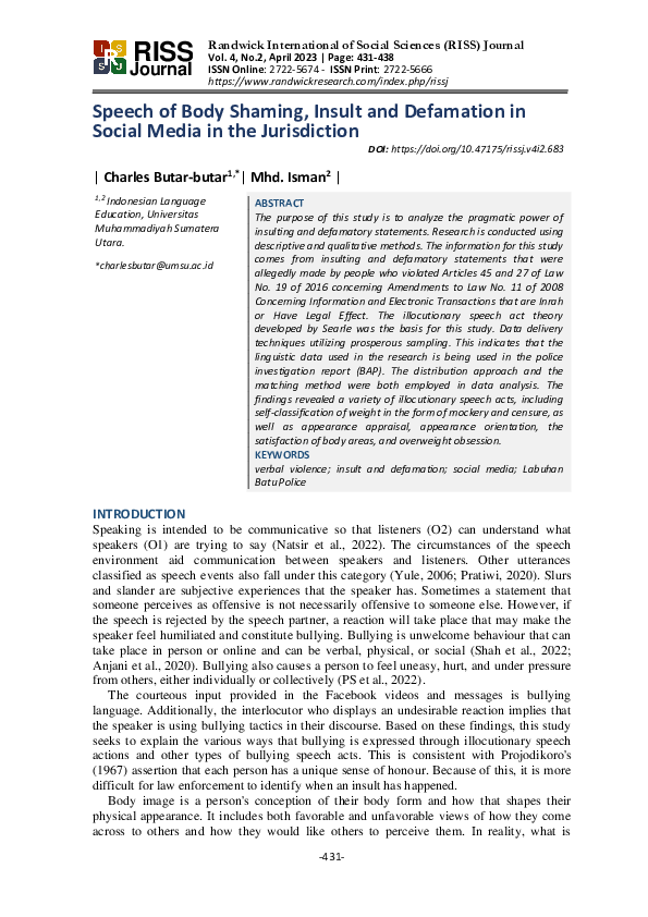 (PDF) Speech of Body Shaming, Insult and Defamation in Social Media in ...