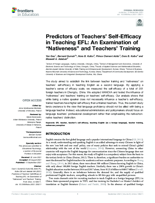 (PDF) Predictors of Teachers’ Self-Efficacy in Teaching EFL: An Examination of “Nativeness” and ...