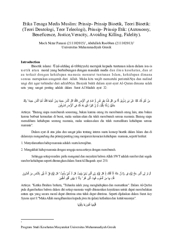 (DOC) Etika Tenaga Medis Muslim: Prinsip-Prinsip Bioetik, Teori Bioetik ...