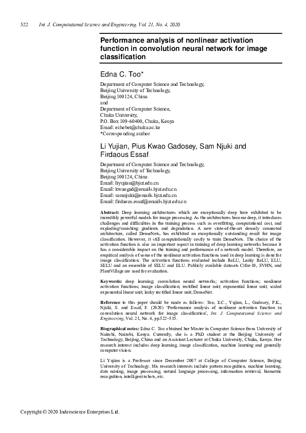 Pdf Performance Analysis Of Nonlinear Activation Function In Convolution Neural Network For