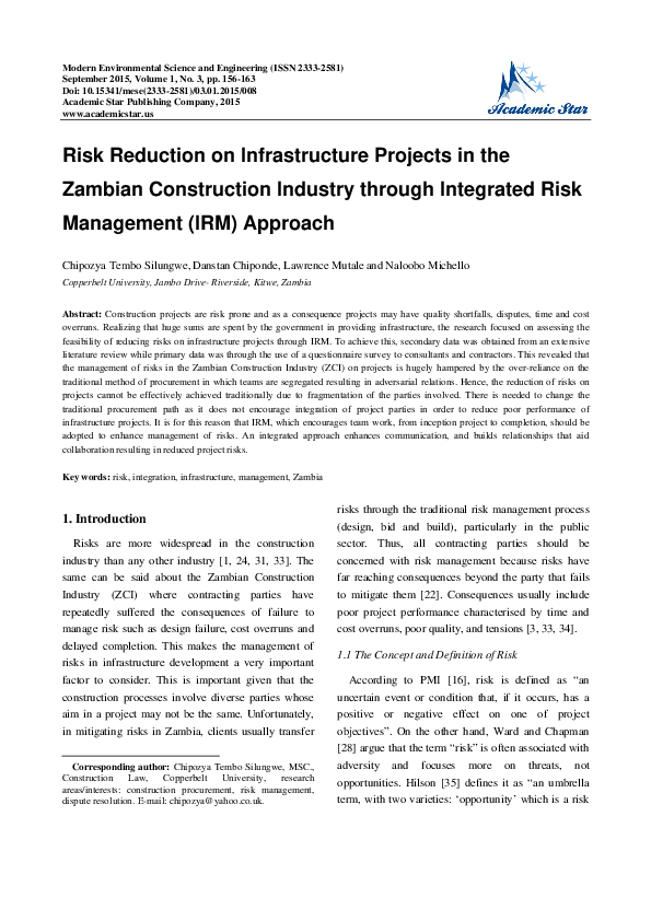 (PDF) Risk Reduction on Infrastructure Projects in the Zambian ...