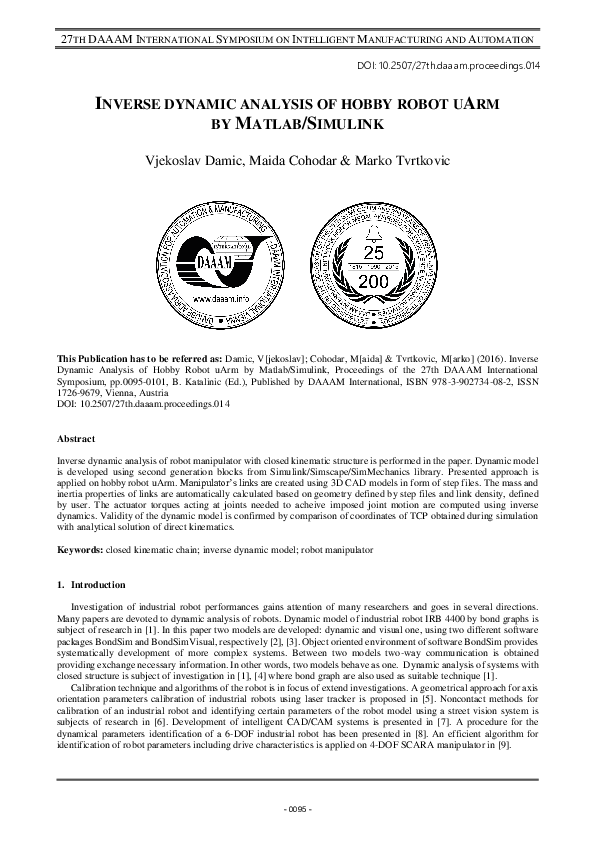(PDF) Inverse Dynamic Analysis of Hobby Robot uArm by Matlab/Simulink