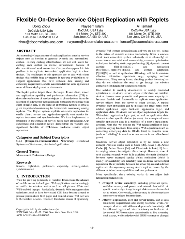 Pdf Flexible On Device Service Object Replication With Replets Ali Ismael