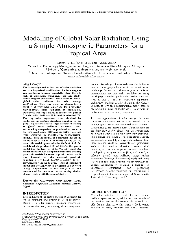 (PDF) Modelling of Global Solar Radiation Using a Simple Atmospheric Parameters for a Tropical Area