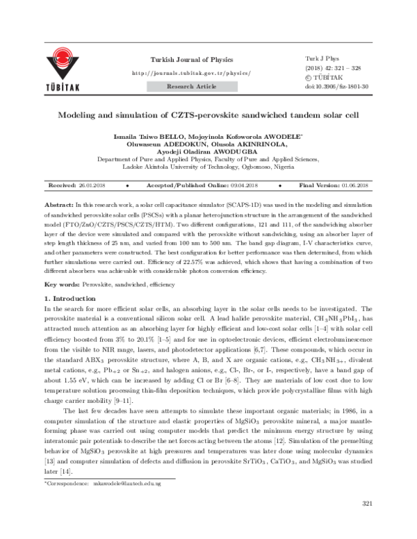 (PDF) Modeling and simulation of CZTS-perovskite sandwiched tandem solar cell