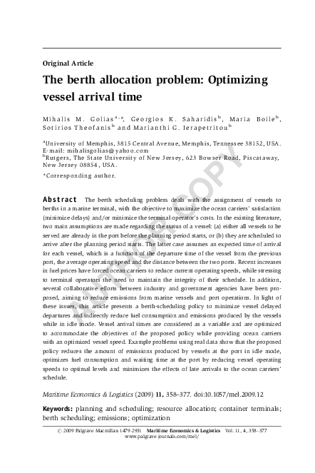 Pdf The Berth Allocation Problem Optimizing Vessel Arrival Time