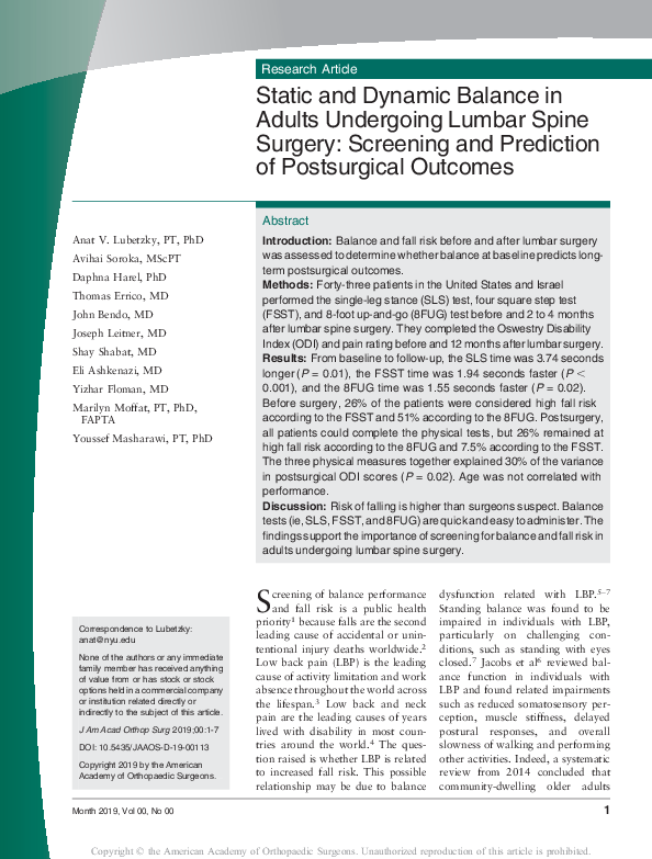 (PDF) Static and Dynamic Balance in Adults Undergoing Lumbar Spine Surgery | Yizhar Floman ...