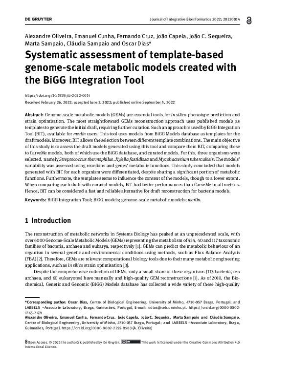 (PDF) Systematic assessment of template-based genome-scale metabolic models created with the ...
