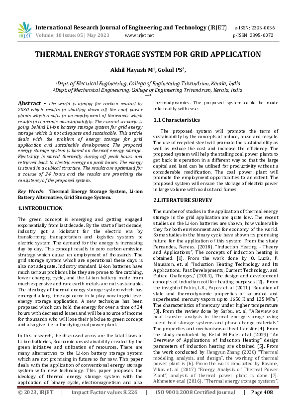 (PDF) THERMAL ENERGY STORAGE SYSTEM FOR GRID APPLICATION