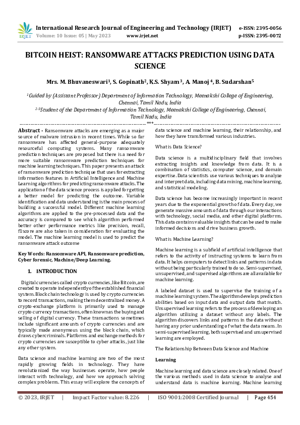 (PDF) BITCOIN HEIST: RANSOMWARE ATTACKS PREDICTION USING DATA SCIENCE