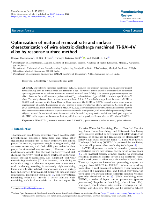 (PDF) Simultaneous optimization of material removal rate and surface roughness for WEDM of WC-Co ...
