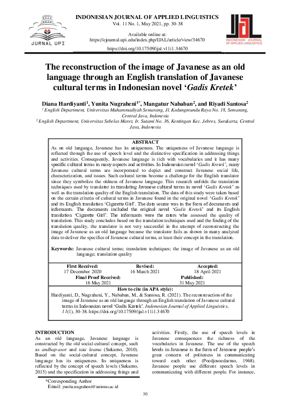 (PDF) The Reconstruction of the Image of Javanese as an Old Language ...