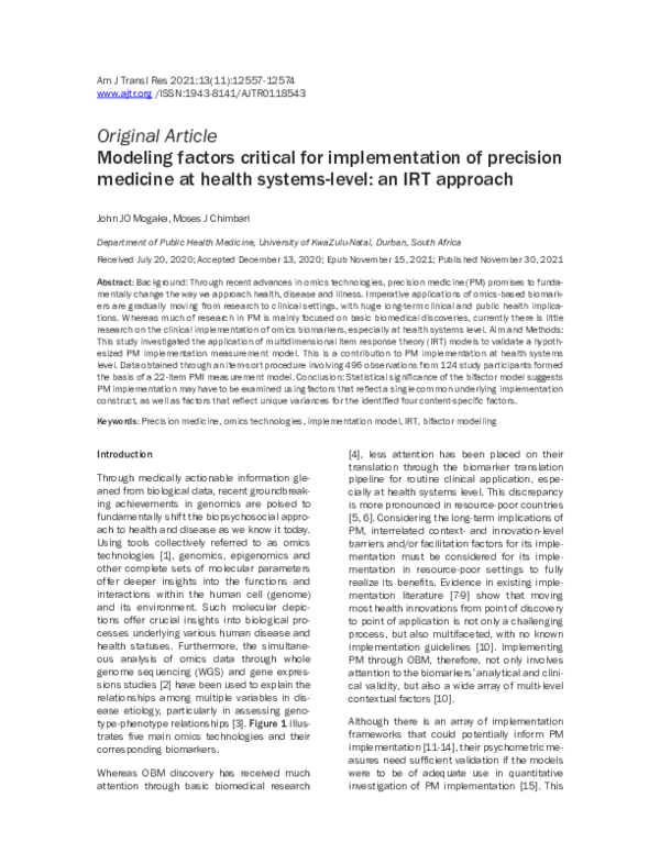 (PDF) Modeling factors critical for implementation of precision ...