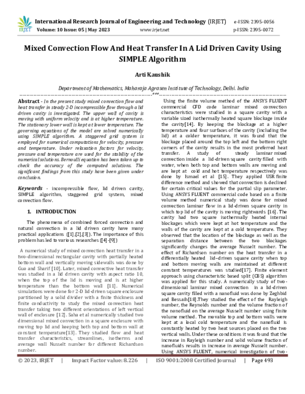 Pdf Mixed Convection Flow And Heat Transfer In A Lid Driven Cavity Using Simple Algorithm 4837
