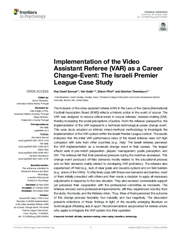 (PDF) Implementation of the Video Assistant Referee (VAR) as a Career Change-Event: The Israeli ...