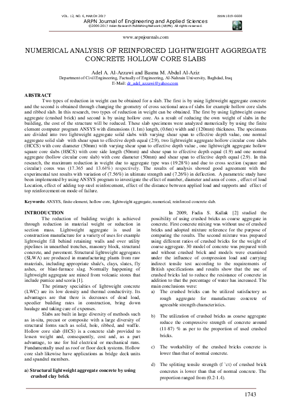 Pdf Numerical Analysis Of Reinforced Lightweight Aggregate Concrete Hollow Core Slabs