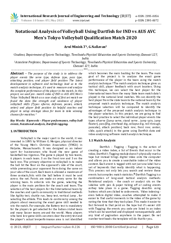 (PDF) Notational Analysis of Volleyball Using Dartfish for IND vs AUS ...