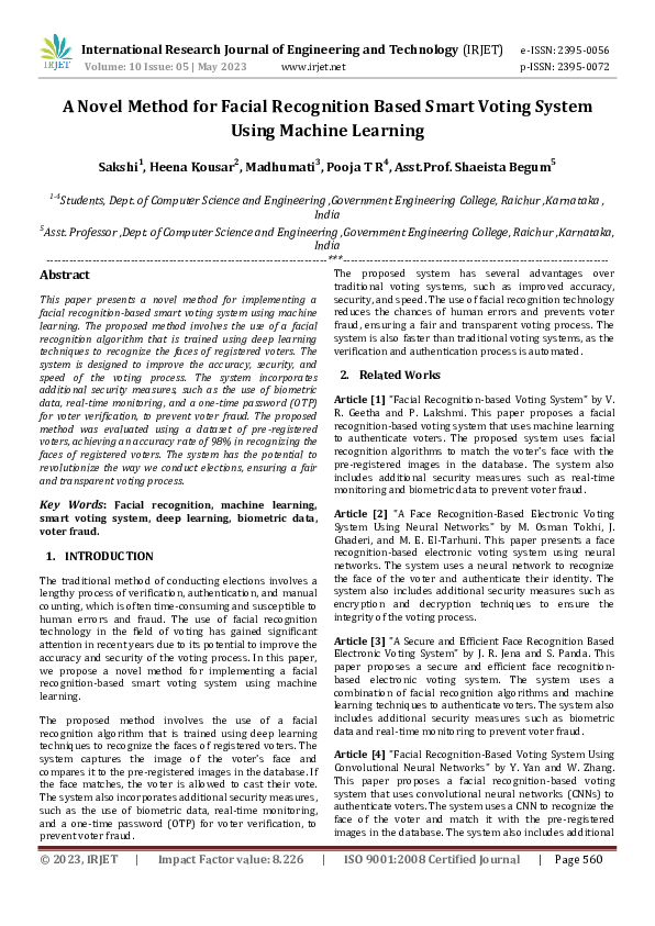Pdf A Novel Method For Facial Recognition Based Smart Voting System Using Machine Learning