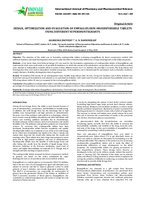 Pdf Design Optimization And Evaluation Of Empagliflozin Orodispersible Tablets Using