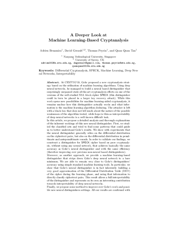 (PDF) A Deeper Look at Machine Learning-Based Cryptanalysis