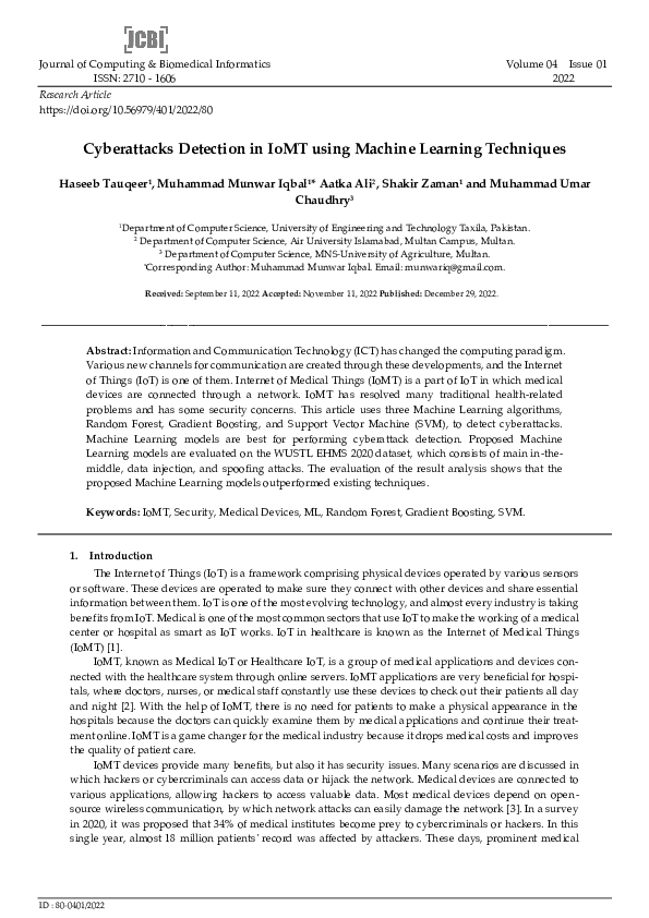 (PDF) Cyberattacks Detection in IoMT using Machine Learning Techniques