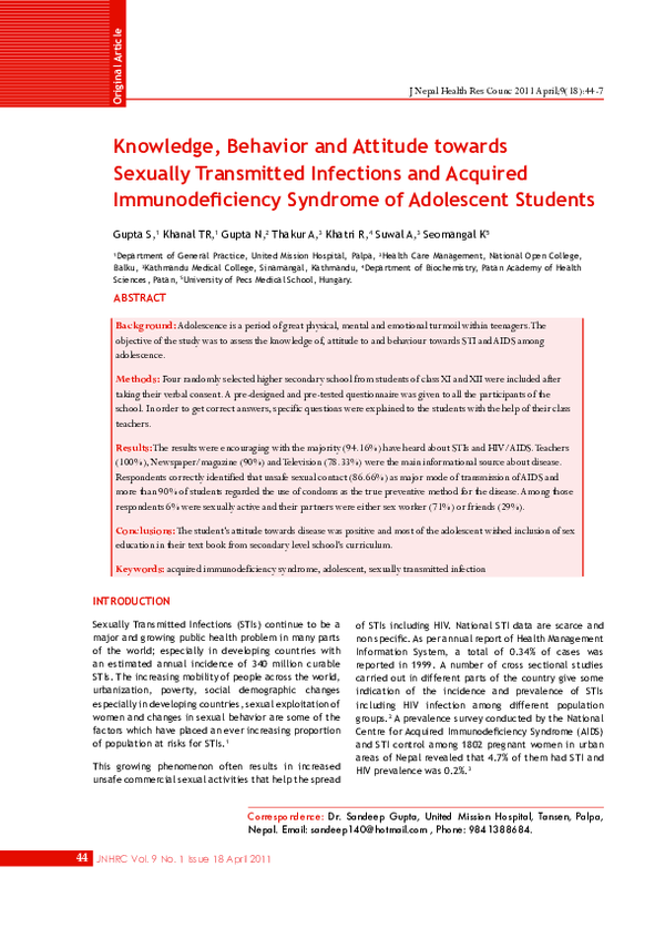 Pdf Knowledge Behavior And Attitude Towards Sexually Transmitted