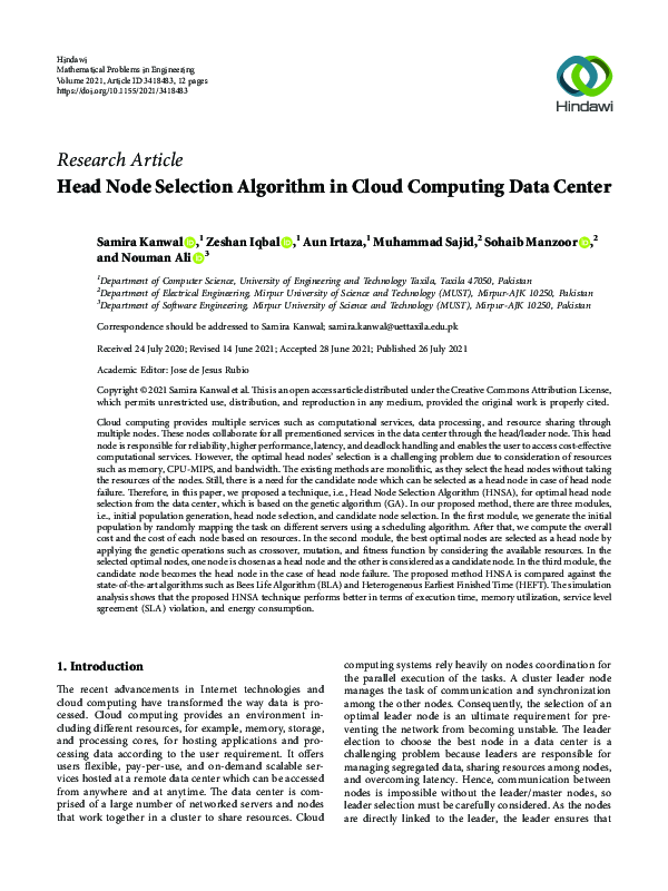 Pdf Head Node Selection Algorithm In Cloud Computing Data Center