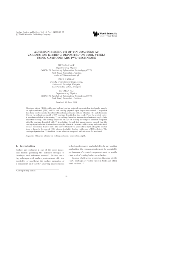 (PDF) ADHESION STRENGTH OF TiN COATINGS AT VARIOUS ION ETCHING DEPOSITED ON TOOL STEELS USING ...