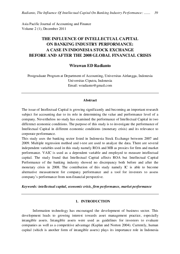 (PDF) The Influence of Intellectual Capital on Banking Industry Performance : A Case in ...